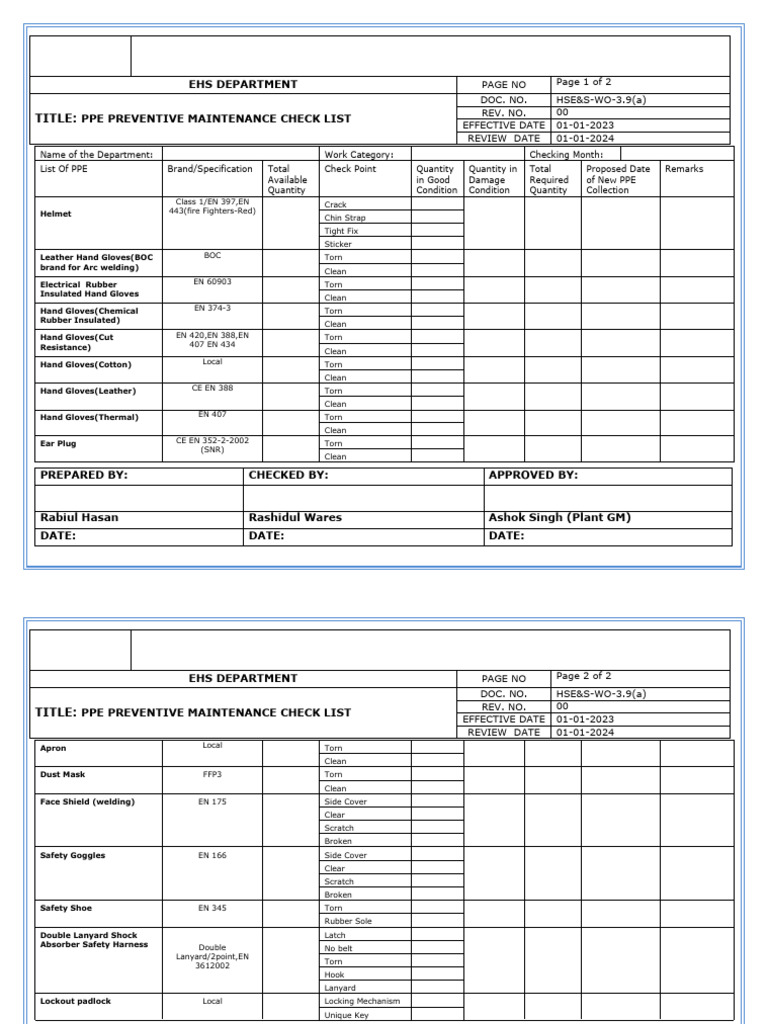 Work Organization - PPE Preventive Maintenance Checklist-QSF-EHS-WO-3.9 ...