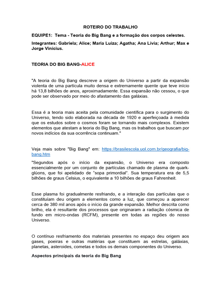 Roteiro Do Trabalho-Trabalho Alice | PDF | Planetas | Grande explosão