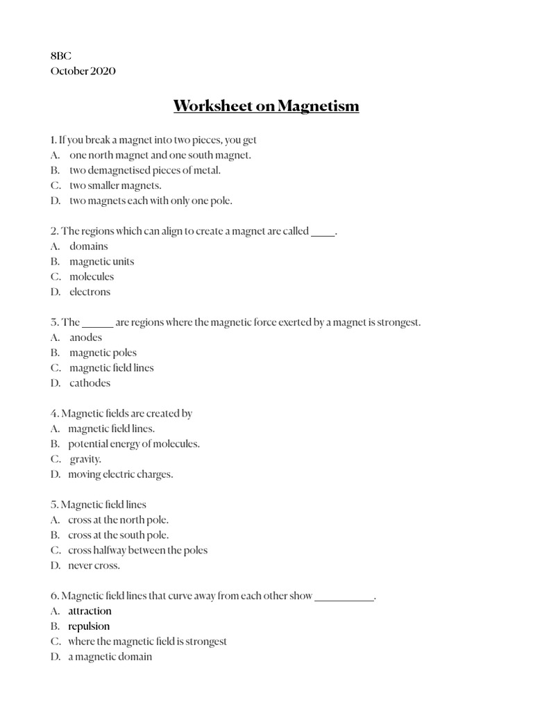 8 Magnetism worksheet pdf | PDF
