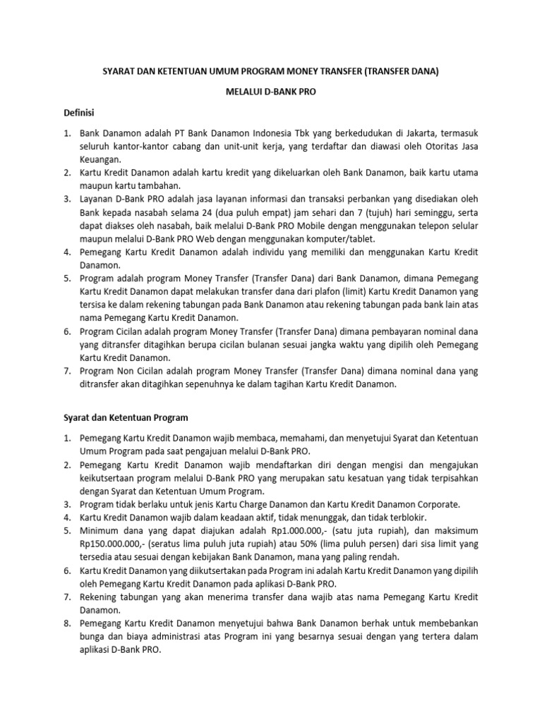 Syarat Dan Ketentuan Umum Program Money Transfer Dbank Pro Final V1 | PDF
