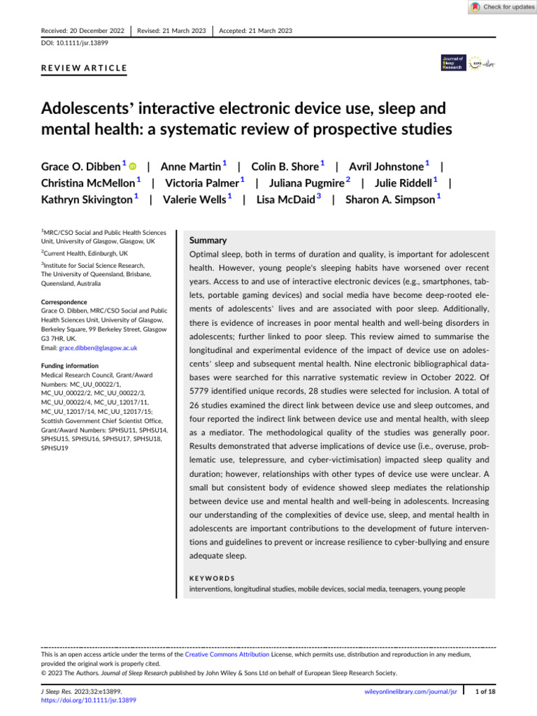Journal of Sleep Research - 2023 - Dibben - Adolescents Interactive Electronic Device Use Sleep ...