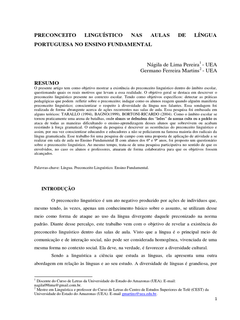 Preconceito Linguístico no Ensino Fundamental | PDF | Linguística ...