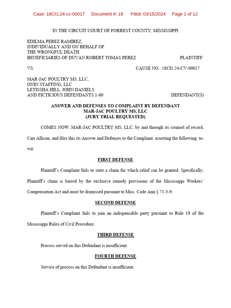 Mar-Jac Poultry, LLC, Response To Wrongful Death Lawsuit | PDF | Complaint | Punitive Damages