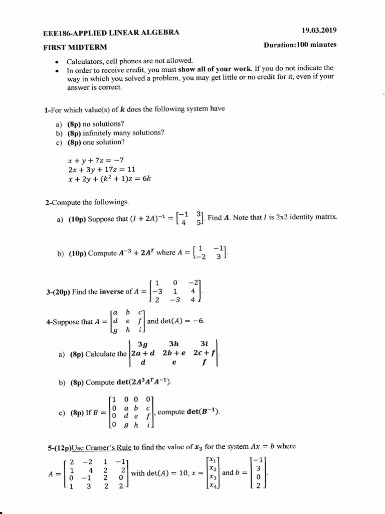 2019spring-MT1 | PDF | Matrix Theory | Linear Algebra
