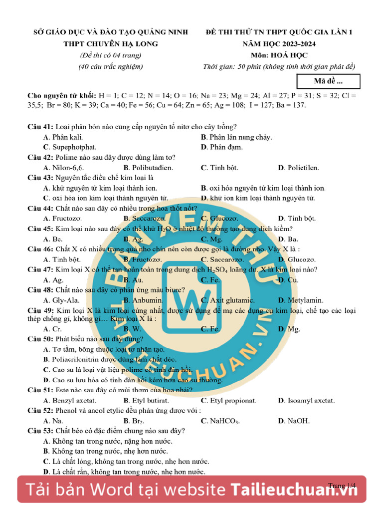 36 TN THPT 2024 Hoa Hoc Chuyen Ha Long Quang Ninh Lan 1imagemarked - 1600 - PDF - Gdrive.vip | PDF