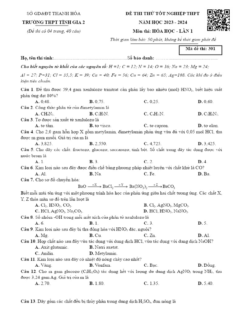 32 de Thi Thu TN THPT 2024 THPT Tinh Gia 2 Thanh Hoa File Word Co Loi Giaidocx - 1600 - PDF ...