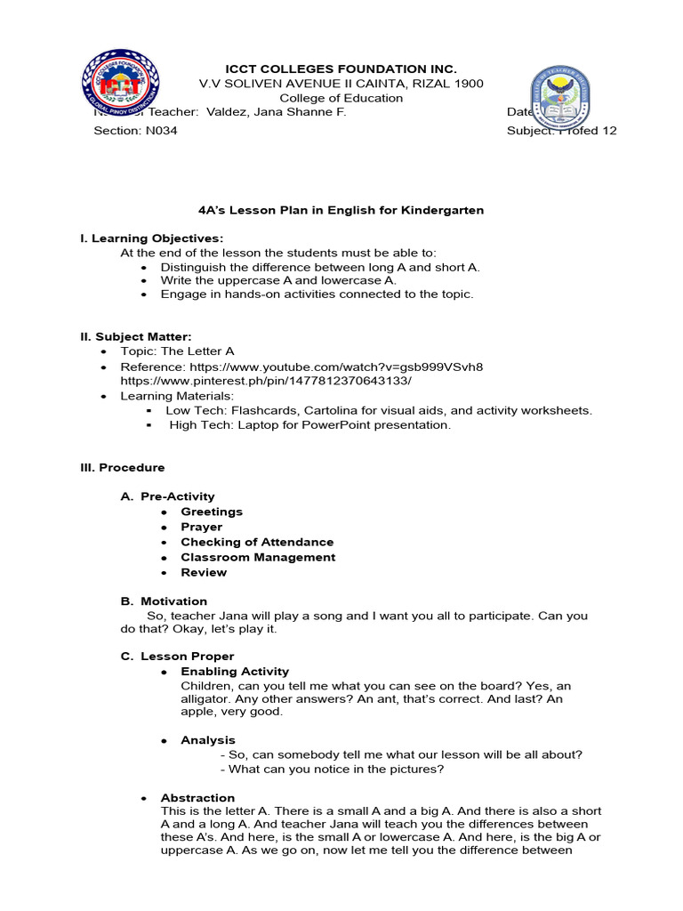 Kindergarten Lesson Plan: Letter A | PDF | Lesson Plan | Letter Case