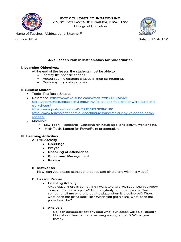Jana Lesson Plan Mathematics | PDF | Shape | Lesson Plan