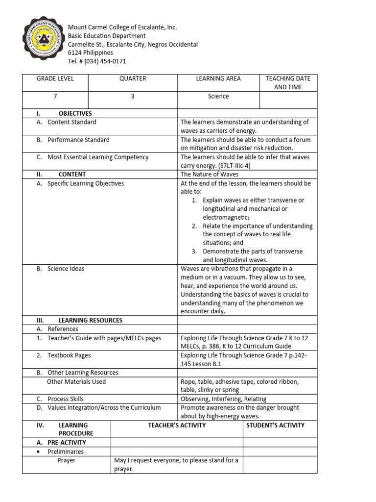 Lesson Plan Waves Grade 7 | PDF | Waves | Electromagnetic Radiation