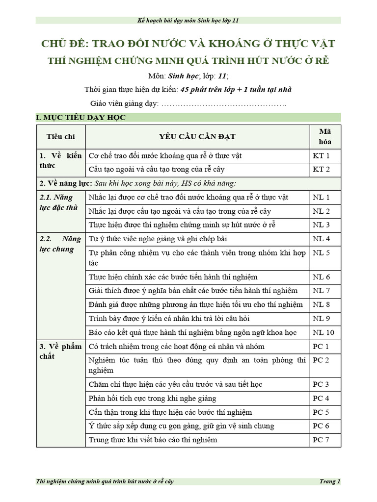 KHBD thí nghiệm 1 Sinh Học 11 | PDF