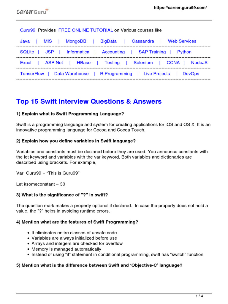 Top 15 Swift Interview Questions | PDF Top 15 Swift Interview Questions | PDF