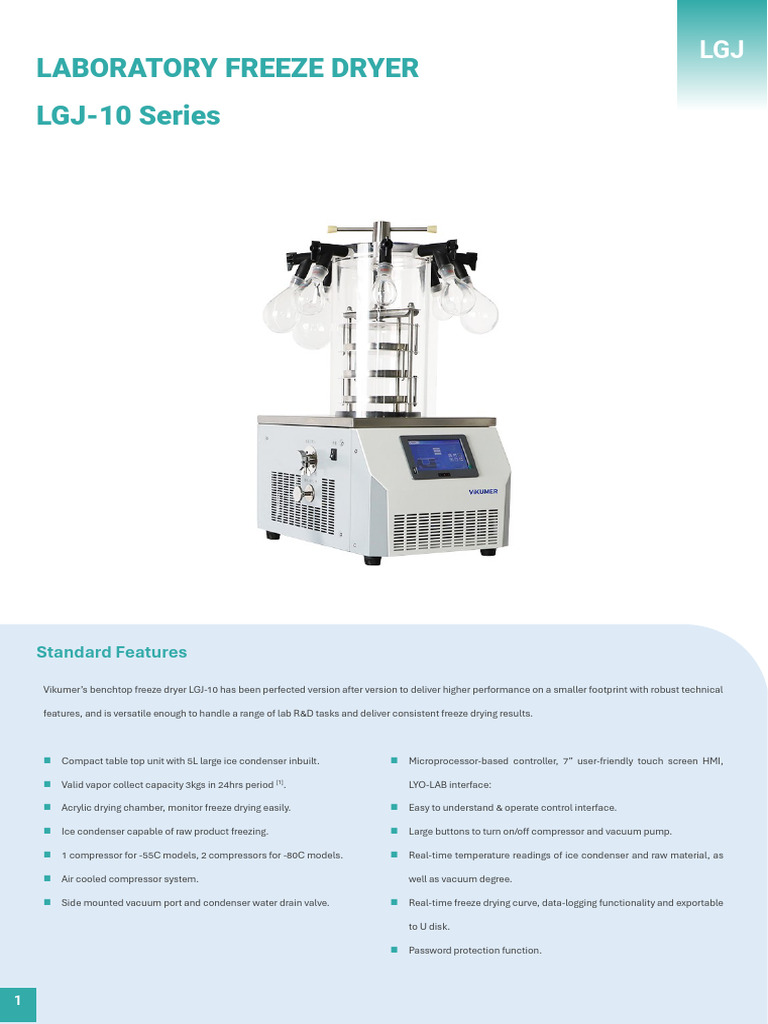 Vikumer Laboratory Freeze Dryer LGJ 10 Brochure Rev 03 2106 A4 | PDF | Vacuum | Ice