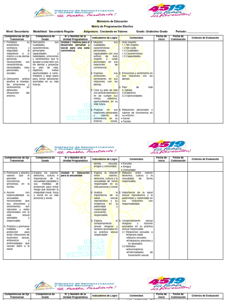 Matriz de Programación Efectiva Creciendo en Valores (Undécimo Grado ...