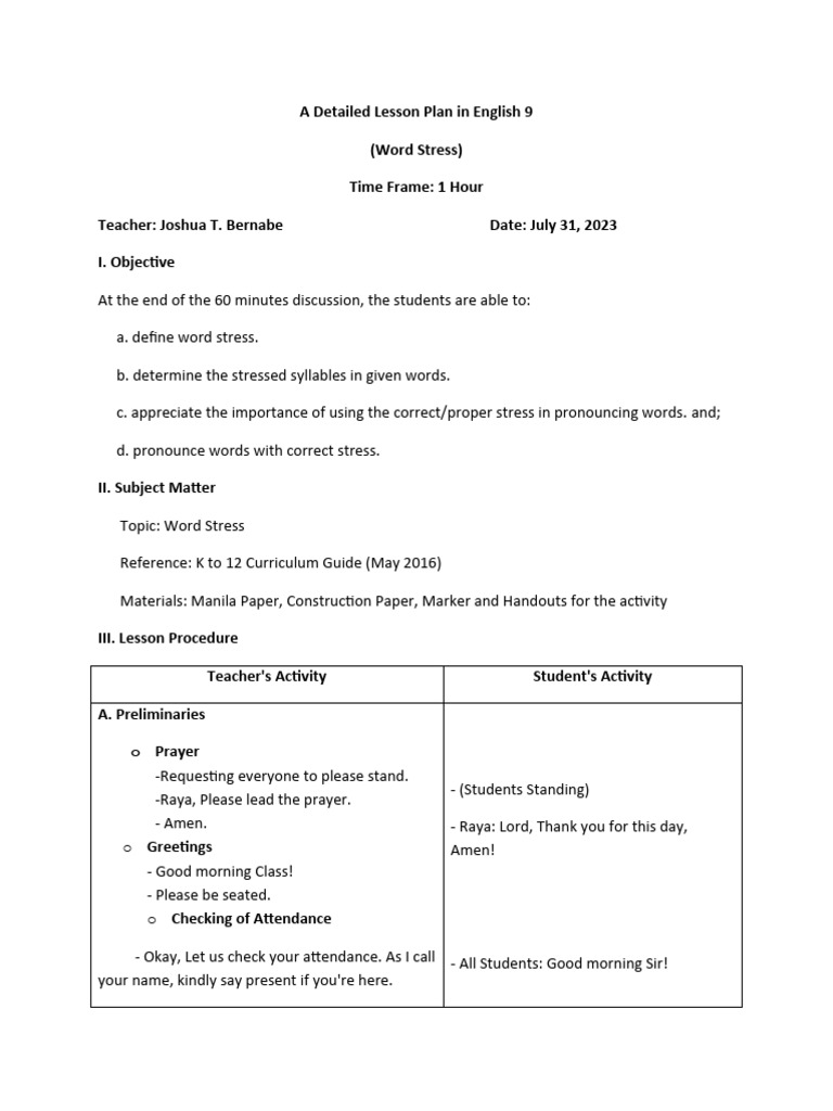 A Detailed Lesson Plan | Download Free PDF | Stress (Linguistics ...