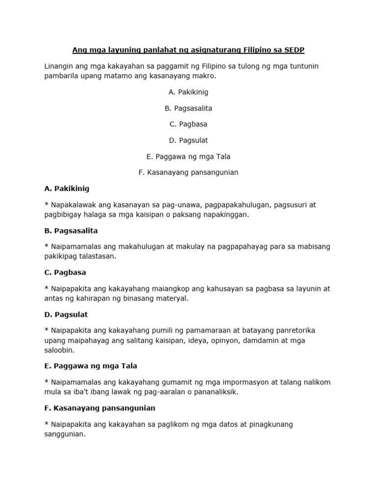 Ang Mga Layuning Panlahat NG Asignaturang Filipino Sa SEDP | PDF
