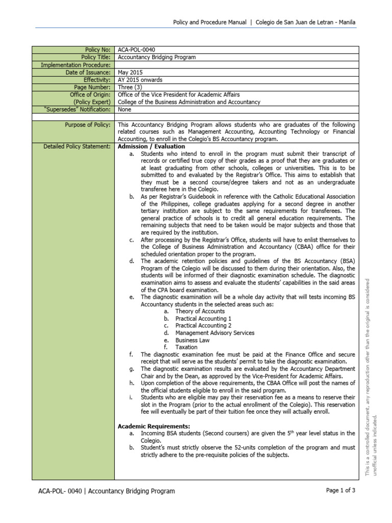 ACA-POL-0040 Accountancy Abridging Program | PDF | Accounting | College