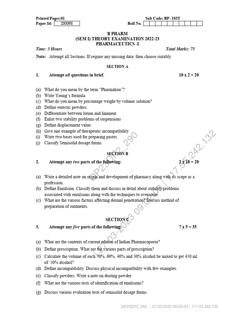Pharmaceutics I Exam Questions BP-103T | PDF | Topical Medication ...