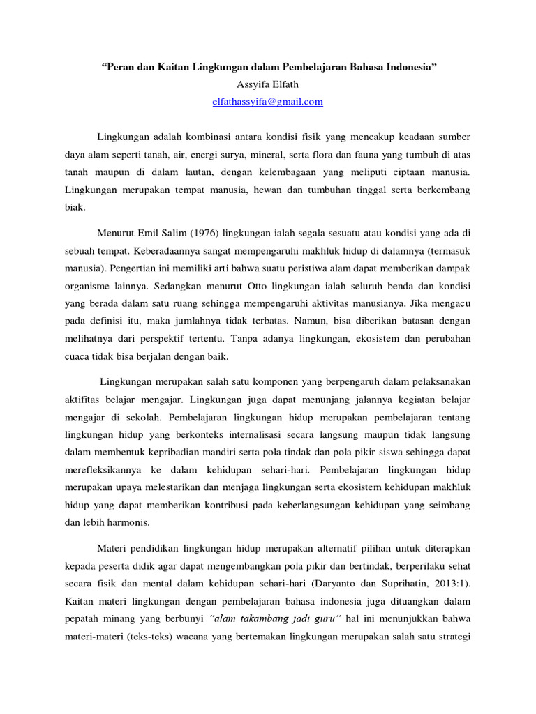 Esai Peran Dan Kaitan Lingkungan Dalam Pembelajaran Bahasa Indonesia - Assyifa Elfath-Dikompresi ...