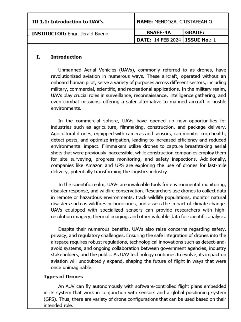 Introduction To Uav's | PDF | Unmanned Aerial Vehicle | Quadcopter