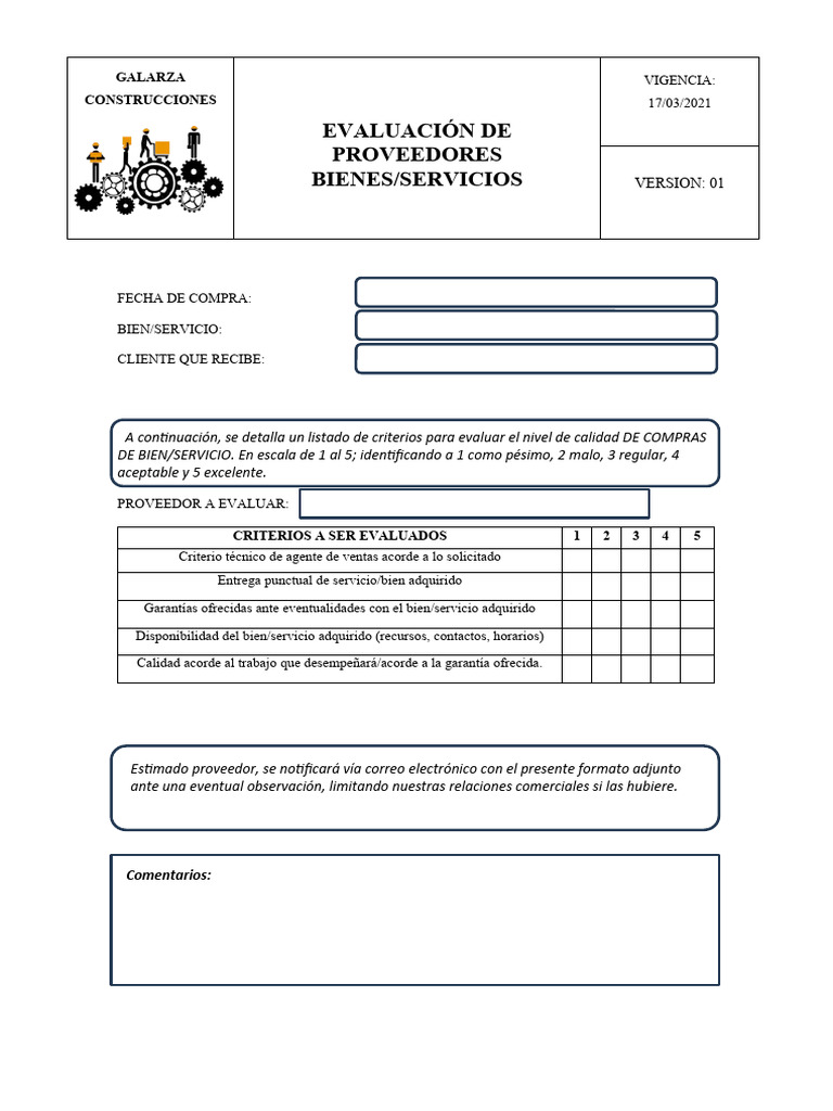 Formato de Calificación de Proveedores | PDF