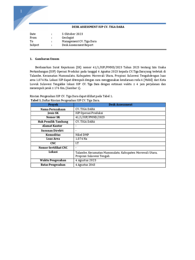Deskk Assesment IUP CV. Tiga Dara | PDF