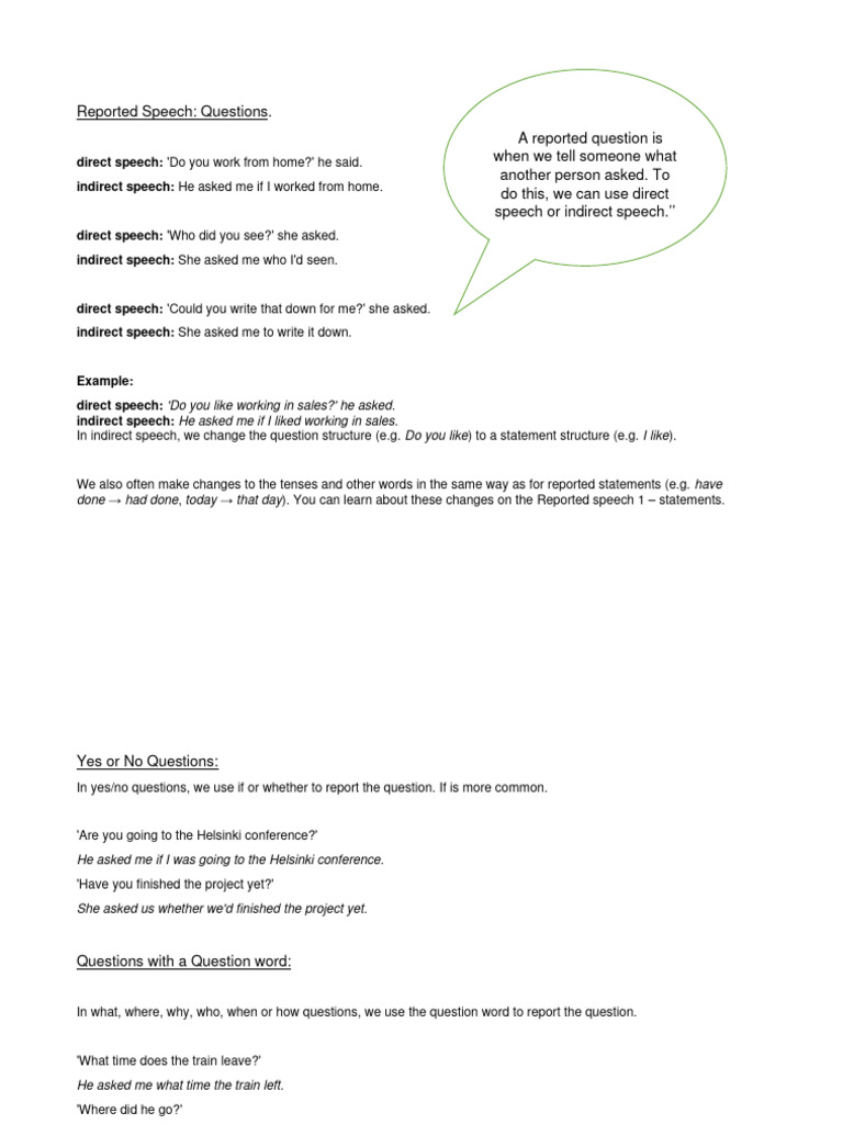 Reported Speech - Grammar Explanation | PDF | Question | Syntax Reported Speech - Grammar Explanation | PDF | Question | Syntax
