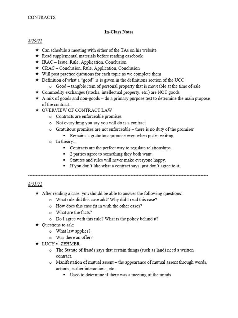Contracts Notes | PDF | Damages | Offer And Acceptance