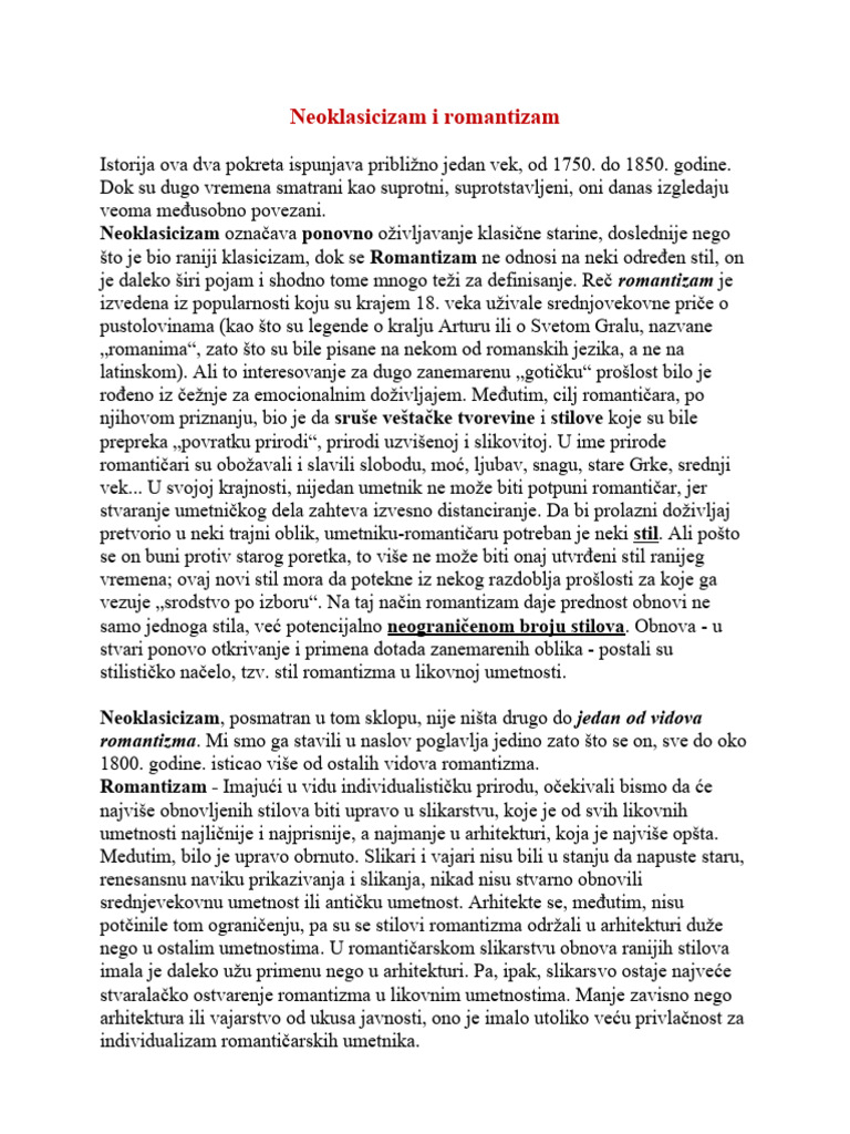 Skripta Za Ispit - Neoklasicizam I Romantizam | PDF