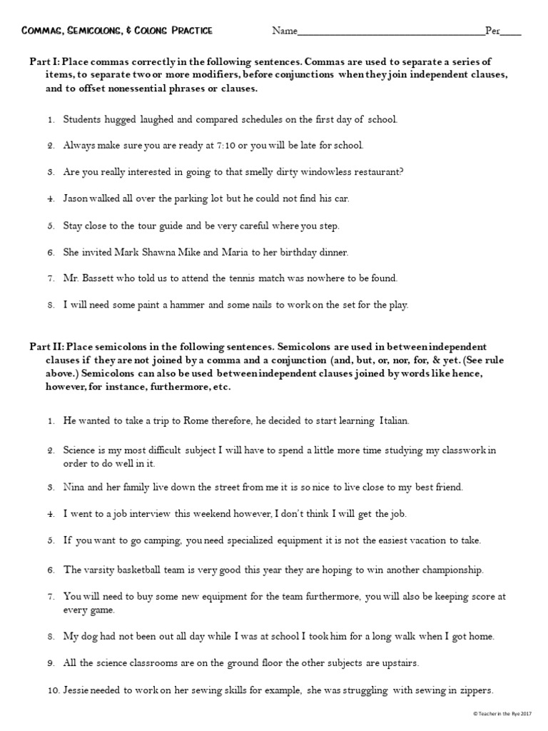 Semicolons Commas Worksheet | PDF | Comma | Linguistics