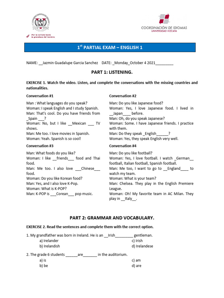 1st PARTIAL EXAM - English 1 | PDF | Human Communication | Linguistics