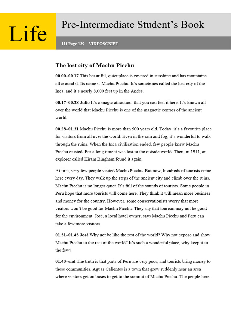 Pre-Int - Unit11 - 11f Script 5 For Listening Practice | PDF | Machu ...