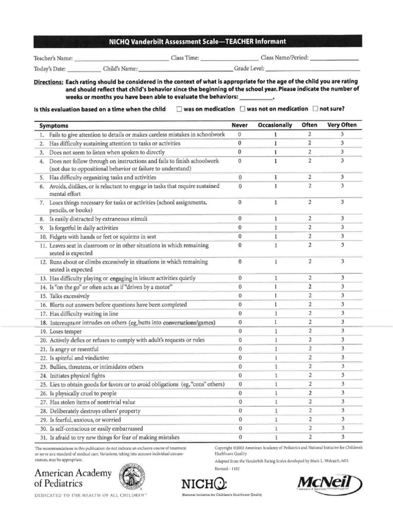 Vanderbilt Teacher Initial Assessment | PDF