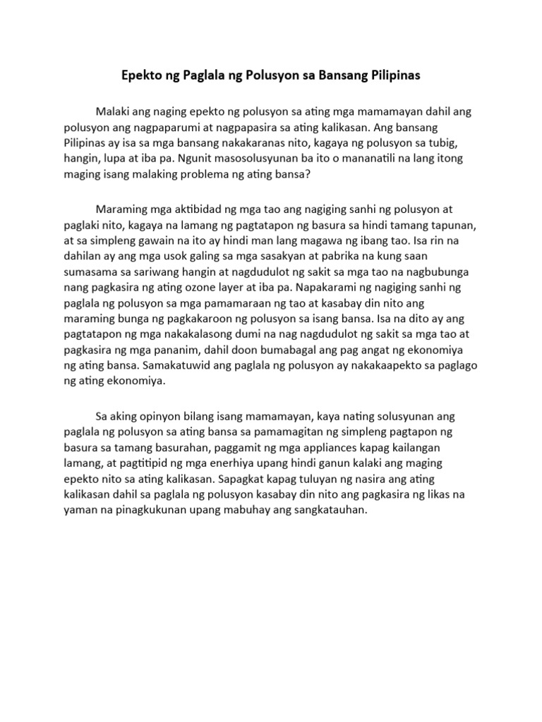 Epekto NG Paglala NG Polusyon Sa Bansang Pilipinas Project | PDF