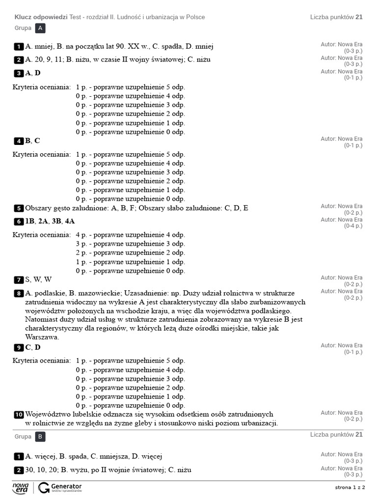 Test - Rozdzia II. Ludnosc I Urbanizacja W Polsce Klucz Odpowiedzi | PDF