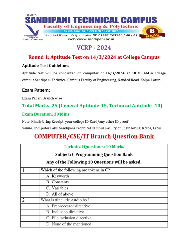 VCRP 2024 Cse Q. Bank | PDF | C (Programming Language) | Computer Programming