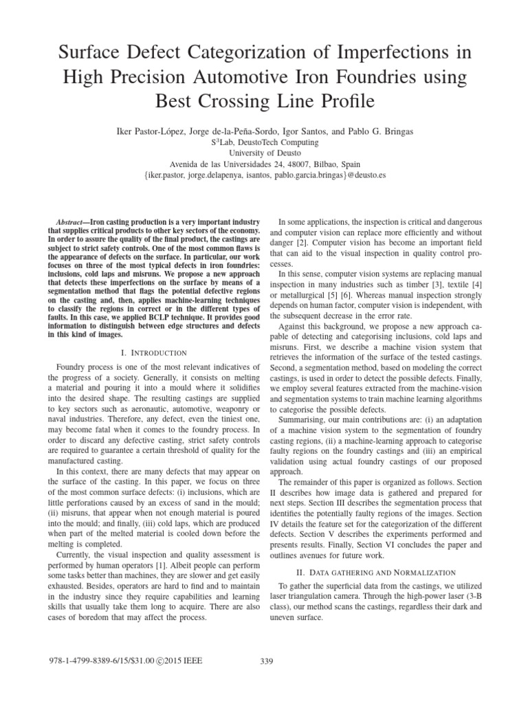 Surface Defect Categorization Of Imperfections In High Precision Automotive Iron Foundries Using