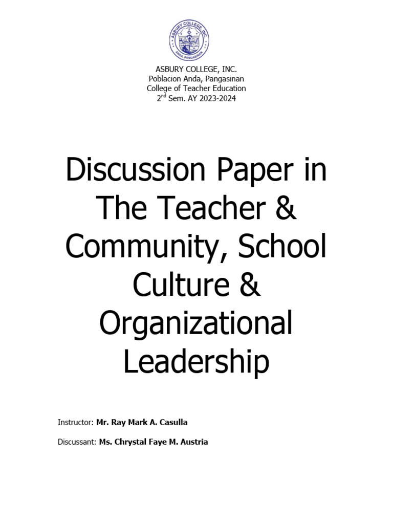 Discussion Paper in The Teacher & Community, School Culture ...