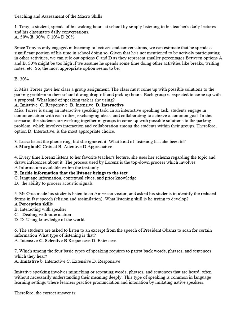 Teaching And Assessment Of The Macro Skills Pdf Reading Comprehension Vocabulary