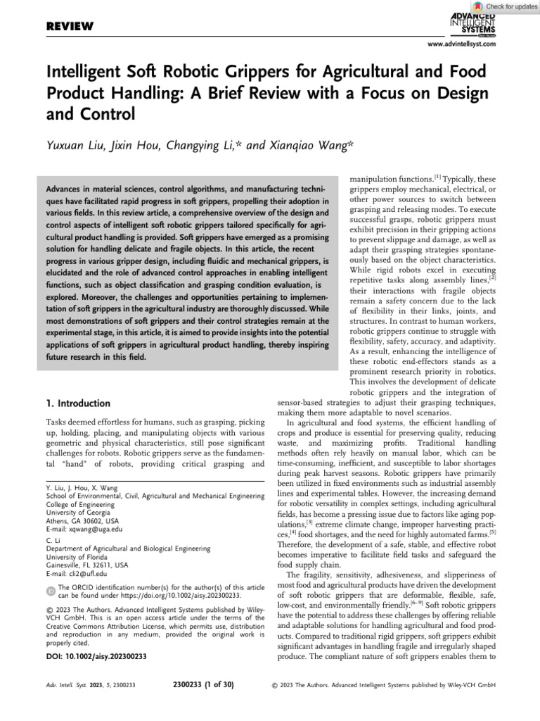 2023Liu-Intelligent Soft Robotic Grippers For Agricultural and Food Product Handling | PDF ...