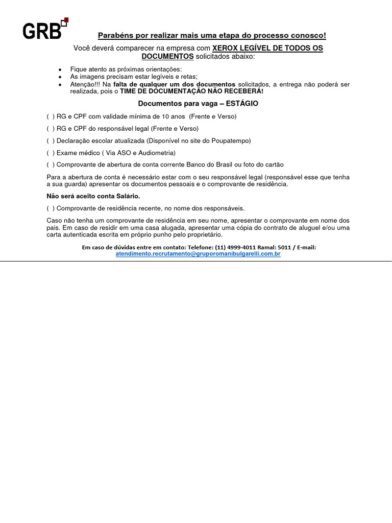 Xerox de Documentos para Estágio | PDF