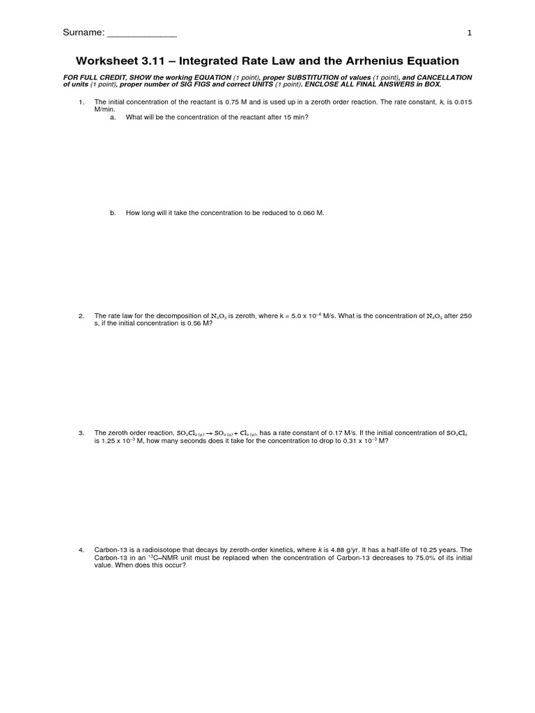 3Q Chem 2 Worksheet Integrated Rate Law and the Arhennius Equation ...