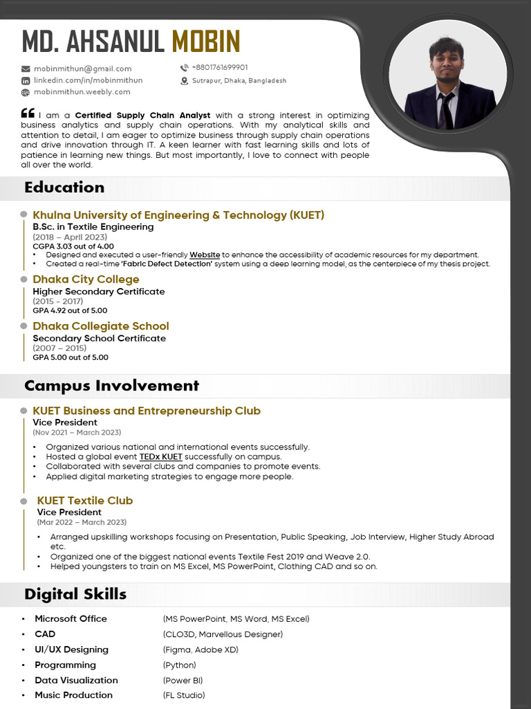 Mobin Mithun: Textile Engineer & Supply Chain Analyst | PDF