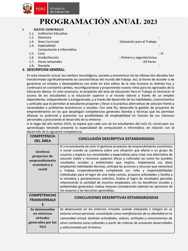 Programacion Anual 2023 Vi Ciclo | PDF | Evaluación | Aprendizaje