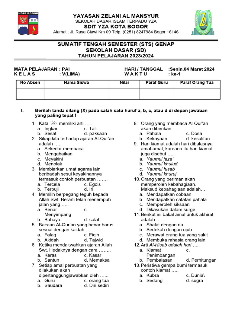 Soal Pts Pai Kls 5 Yza | PDF