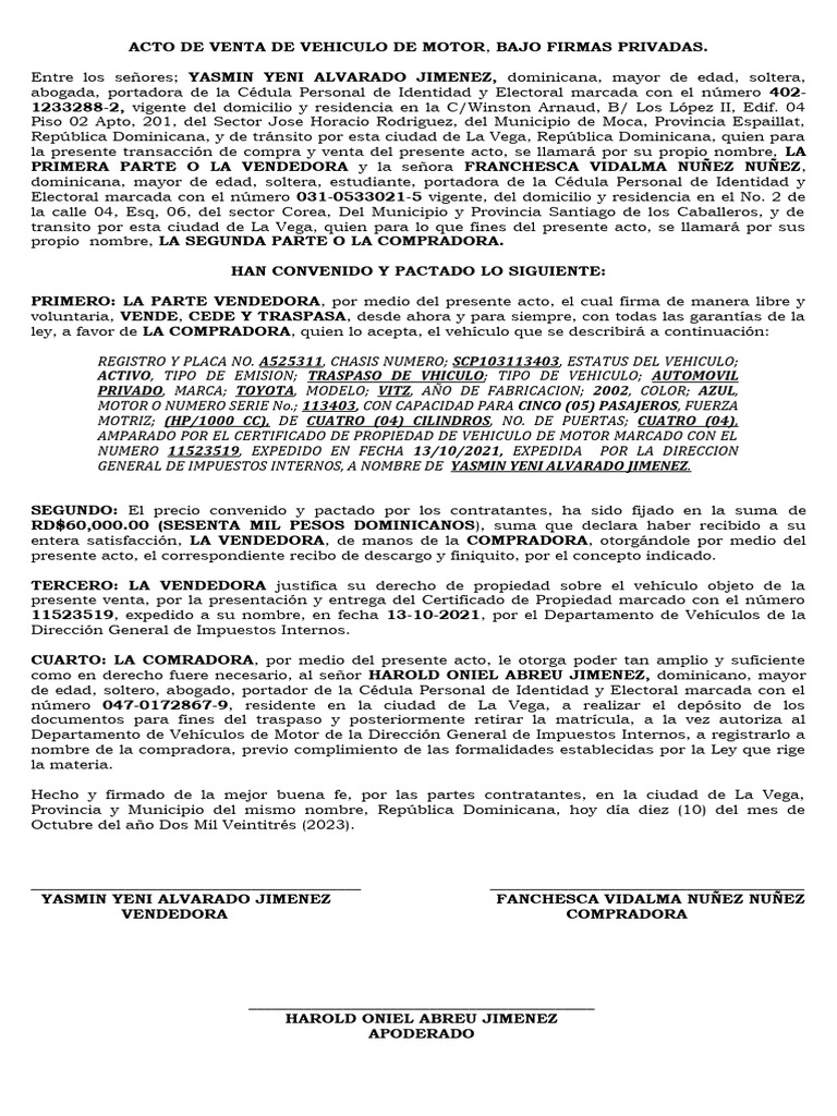 ACTO DE VENTA DE VEHICULO DE MOTOR Checa | PDF | República Dominicana | Coche