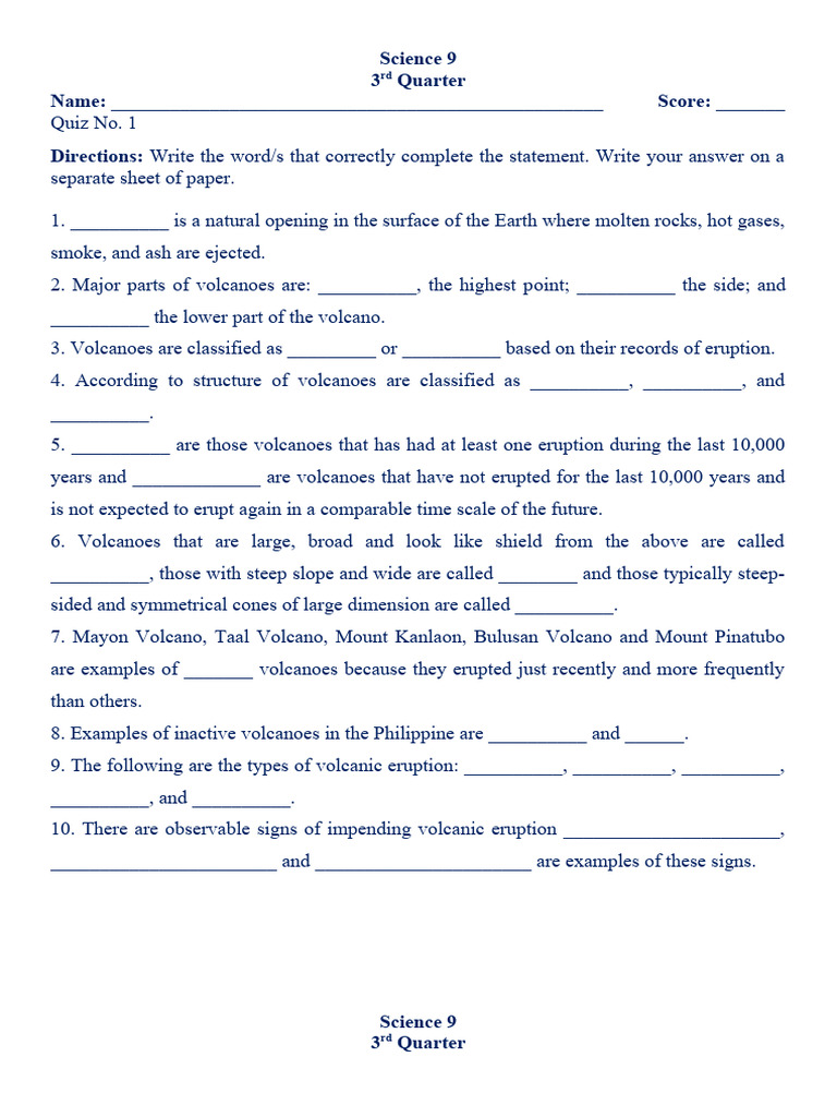 Science 9 Volcanoes and Climate Quiz | PDF | Volcano | Greenhouse Effect