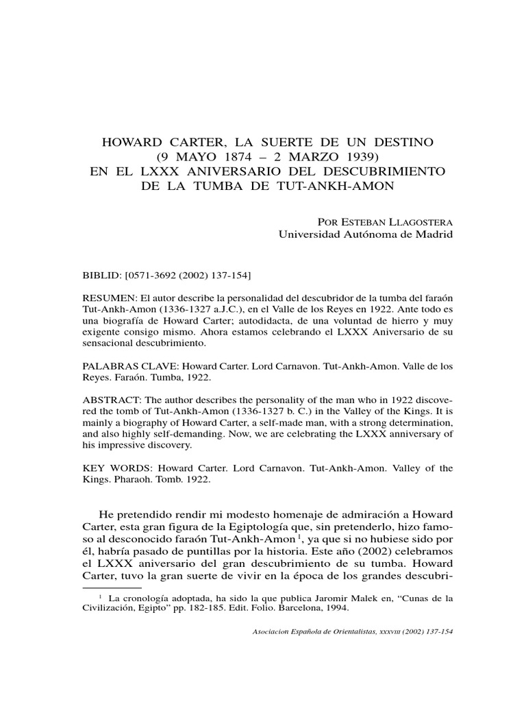Howard Carter La Suerte de Un Destino 9 Mayo 1874 2 Marzo 1939 en El ...