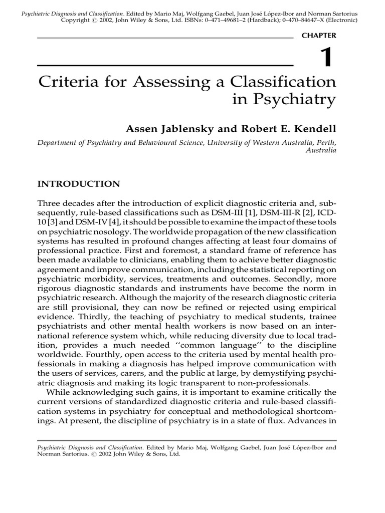 Criteria For Assessing A Classification in Psychiatry: Assen Jablensky ...