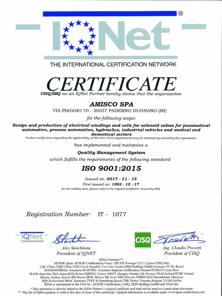 Certificato Amisco IQNET ISO 9001 2015 | PDF