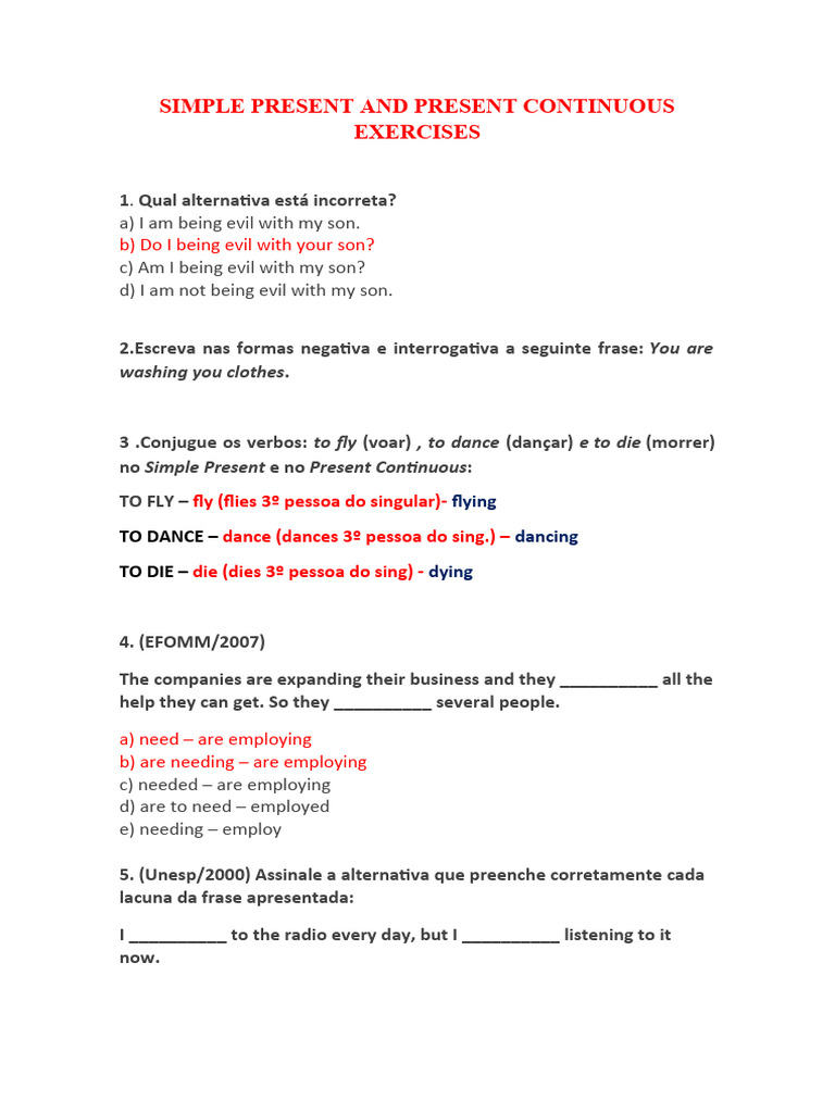 Simple Present and Present Continuous Exercises | PDF